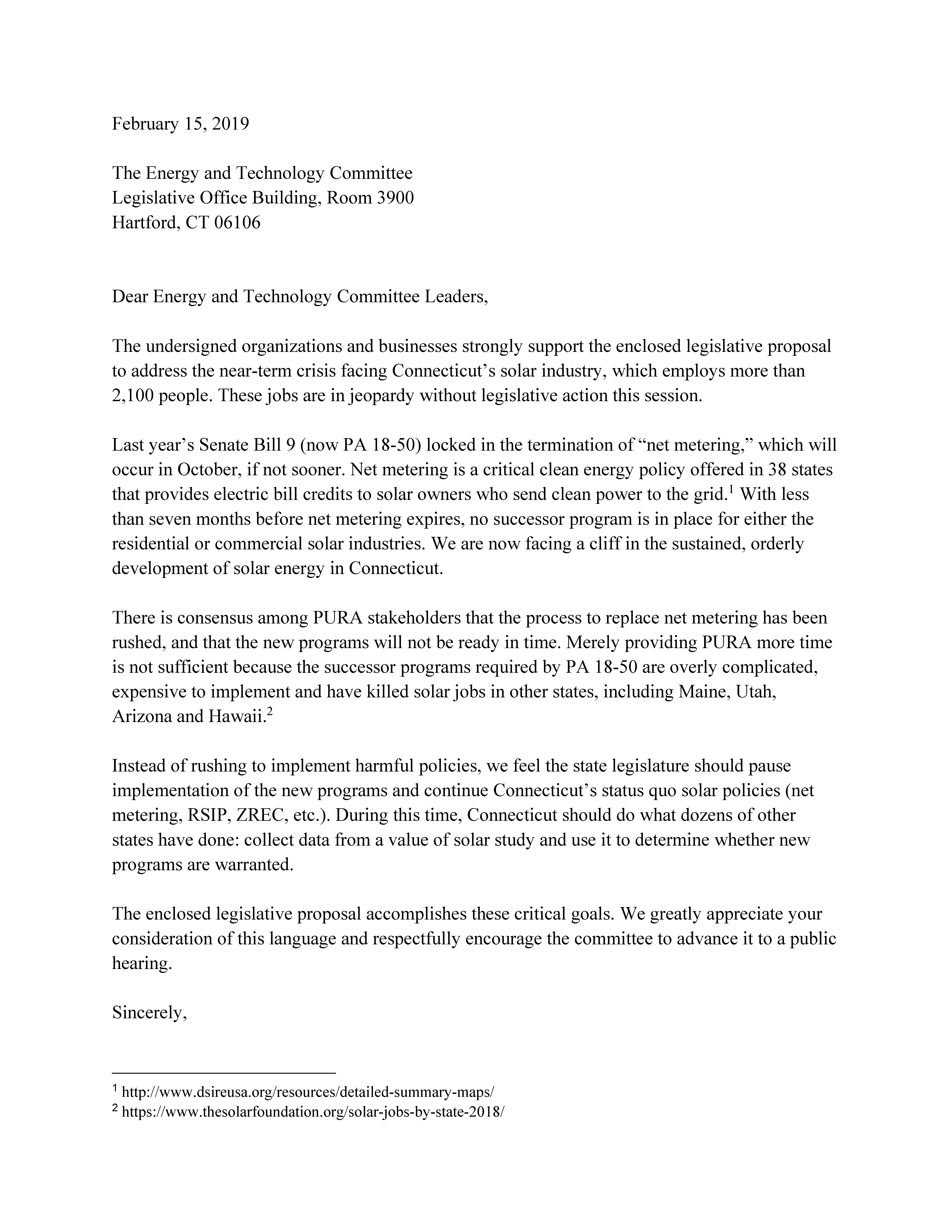 Letter on Solar Policy to the Connecticut Energy and Technology ...